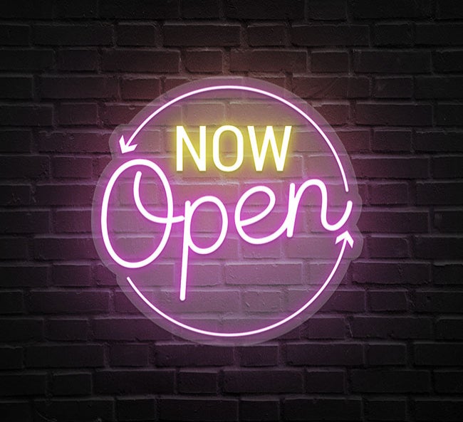 Now Open Round Neon Sign Online| Fast Delivery - Bannerbuzz.com